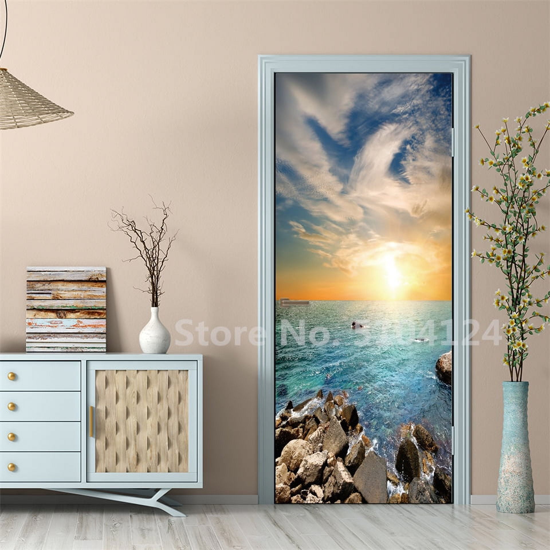 Custom Size Seaside Landscape Door Stickers Beach Sea Wallpaper Self ...