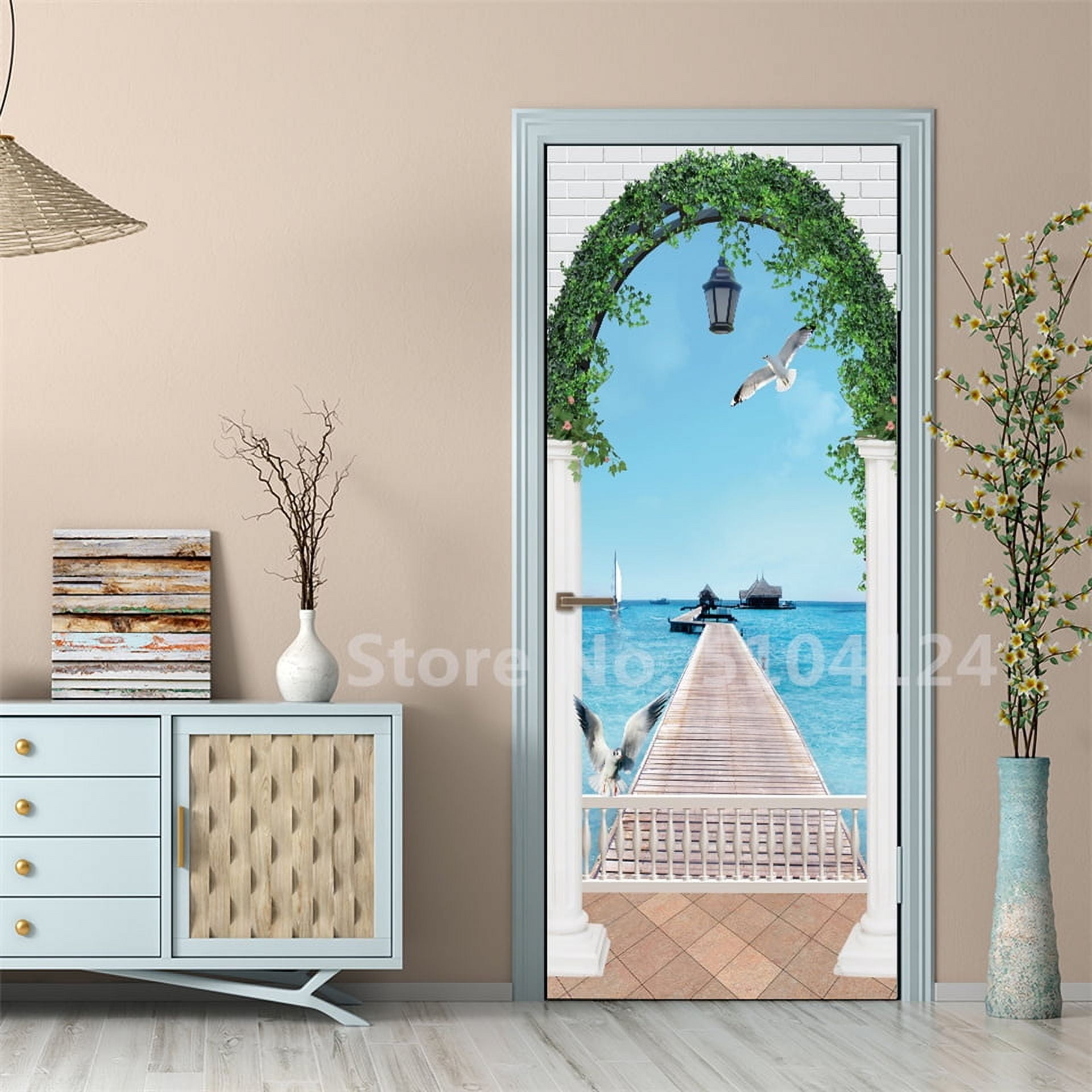 Custom Size Seaside Landscape Door Stickers Beach Sea Wallpaper Self ...