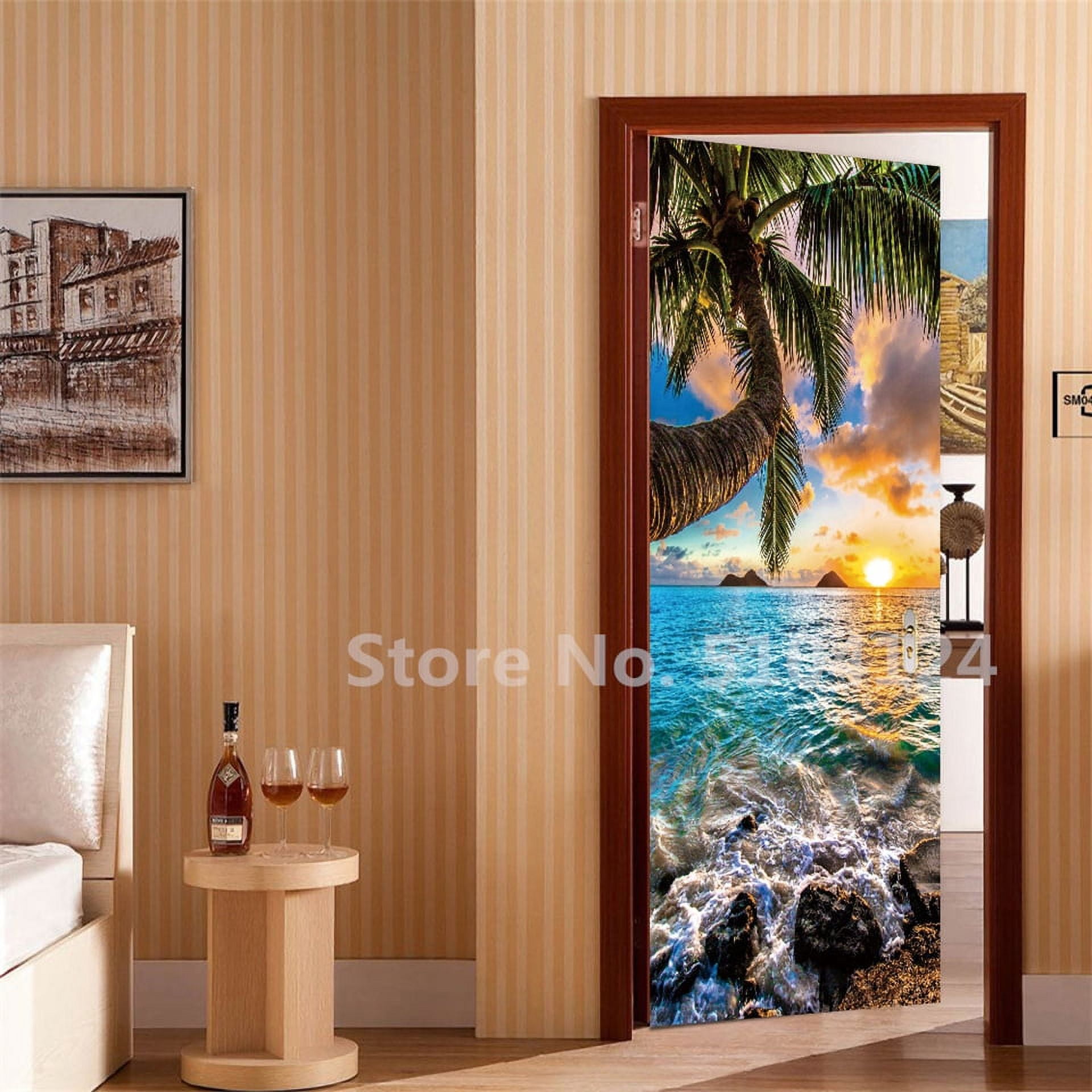 Custom Size Seaside Landscape Door Stickers Beach Sea Wallpaper Self ...
