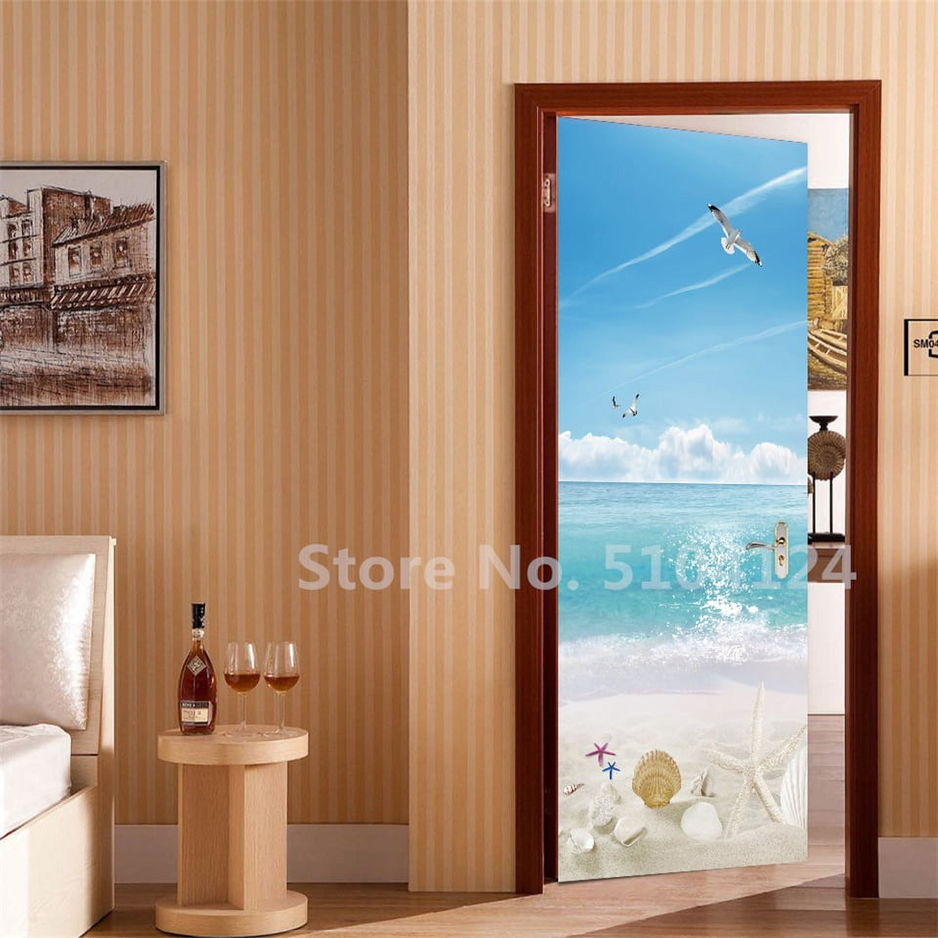 Custom Size Seaside Landscape Door Stickers Beach Sea Wallpaper Self ...
