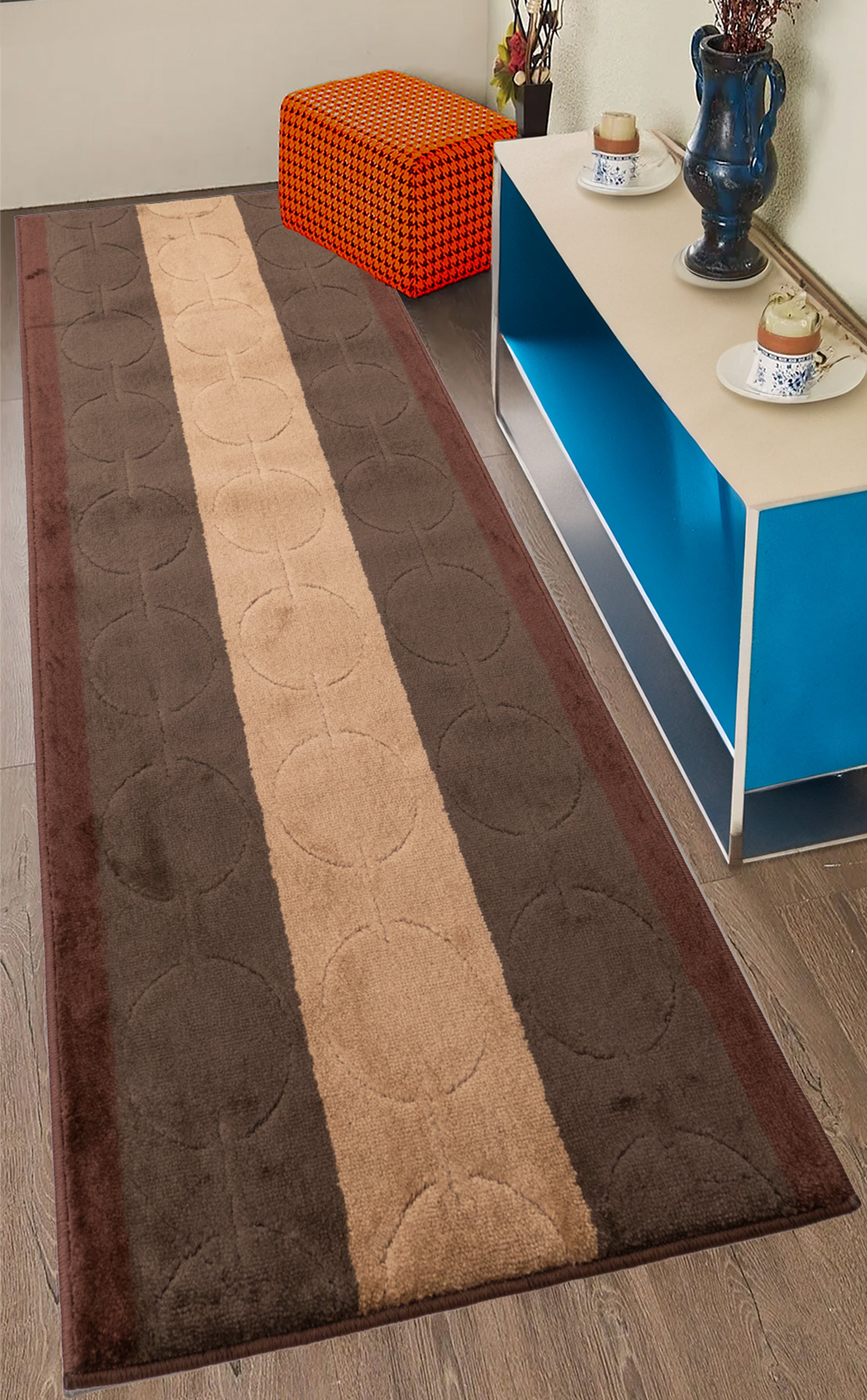 Custom Size Washable Anti Slip Soft Pile Circles Beige and Brown Design ...