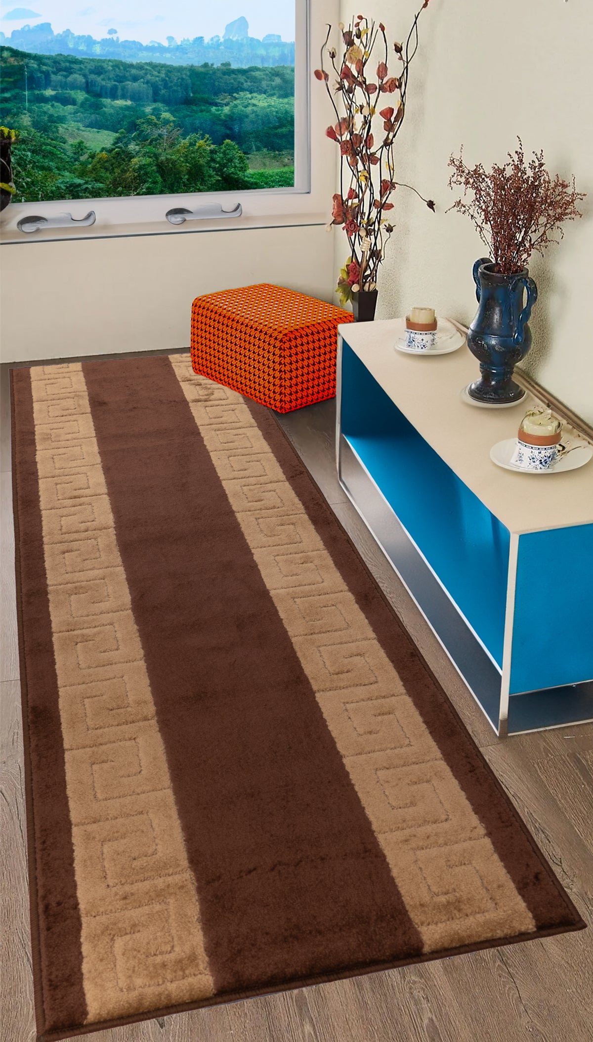 Custom Size Washable Anti Slip Soft Pile Meander Greek Key Bordered ...