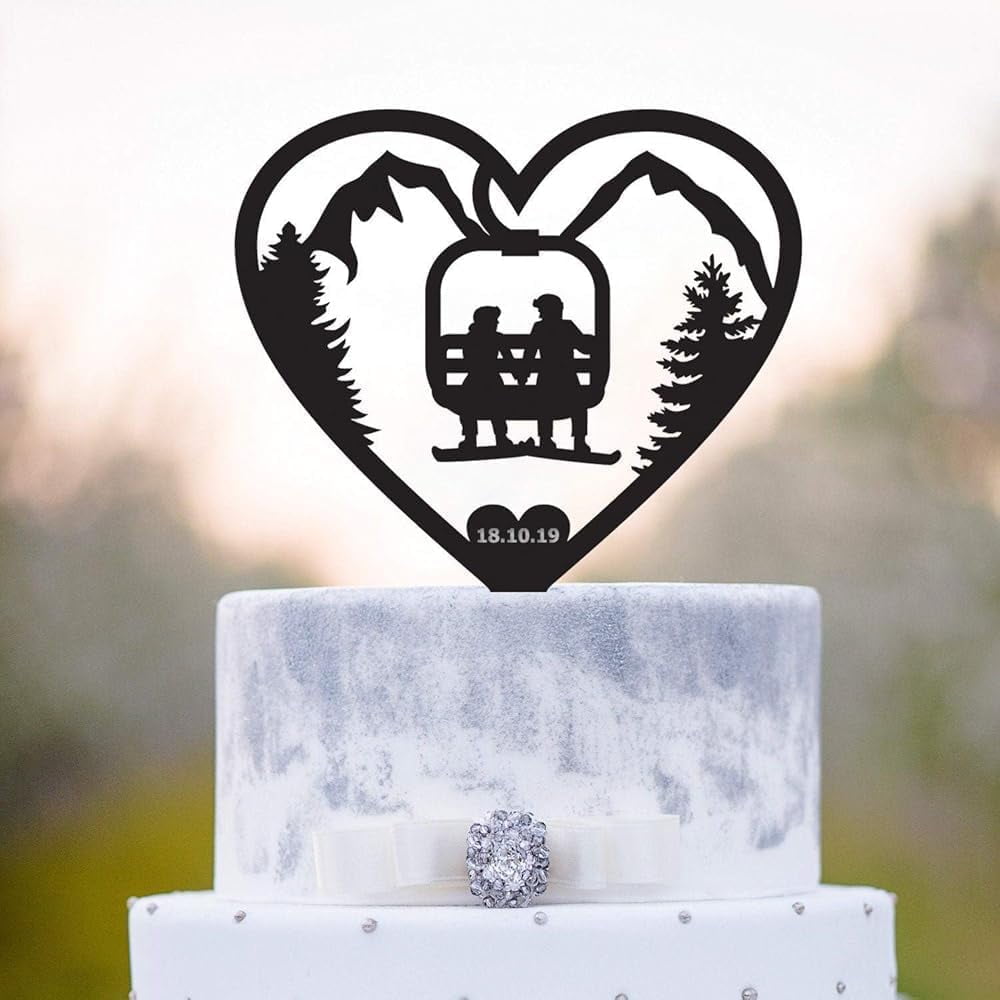 Custom Snowboard Couple Ski Lift Heart Wedding Cake Topper Date ...