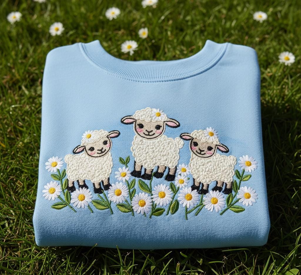 Custom Spring Lamb Family Embroidered Sweatshirt, Cute Sheep and Daisy ...