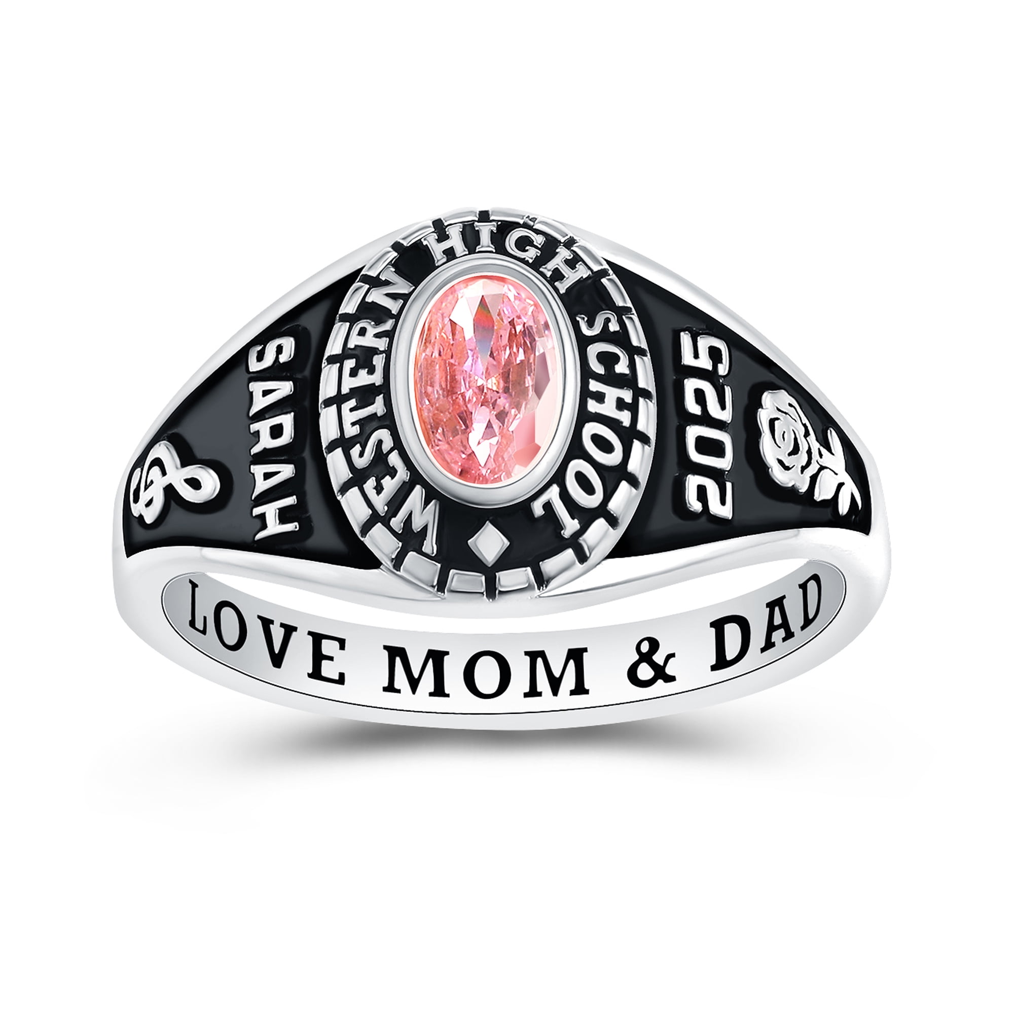 Custom Sterling Silver Class Rings for Women High School CZ Birthstone ...