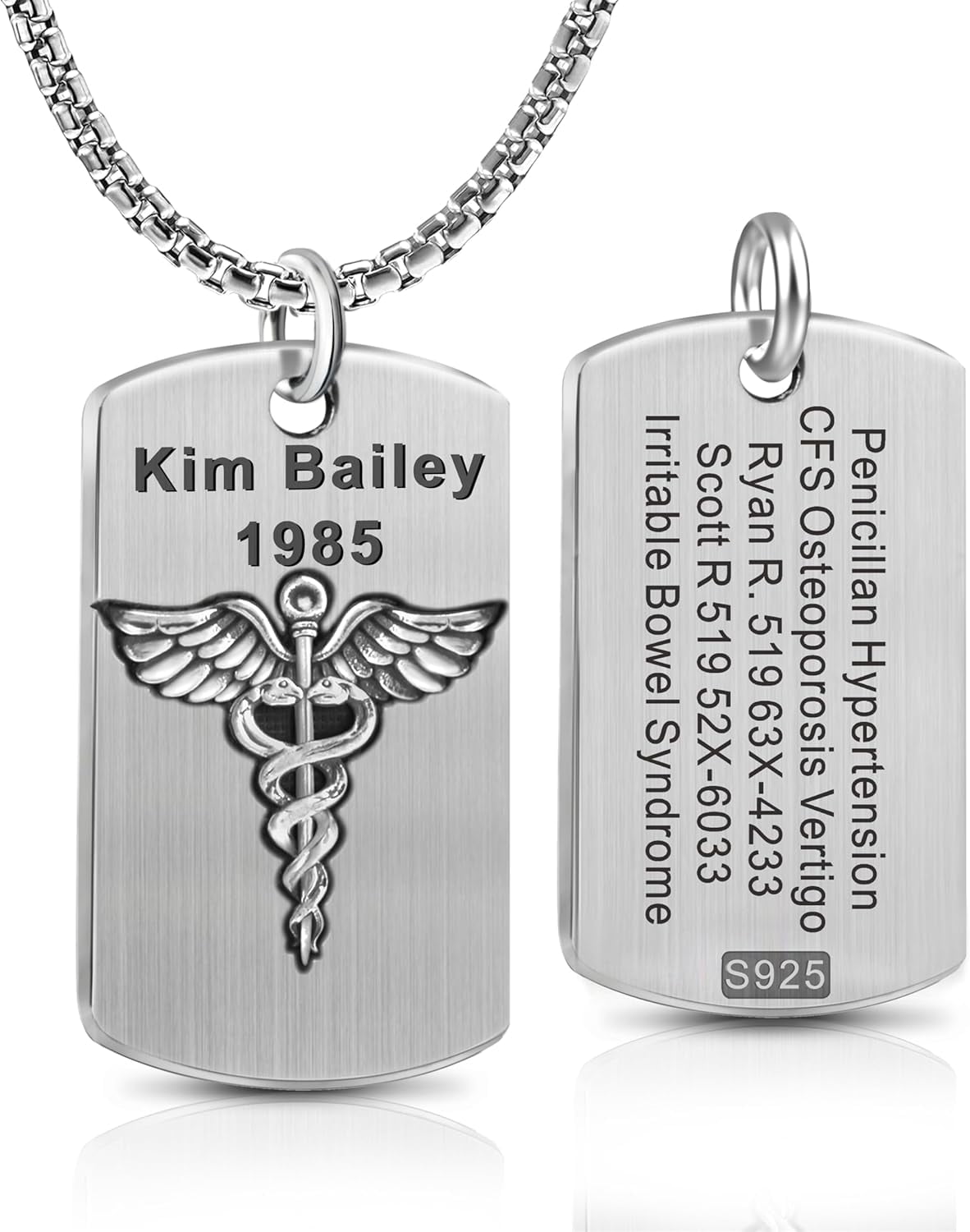 Custom Sterling Silver Medical Alert Necklace for Men Women, Medic ID ...