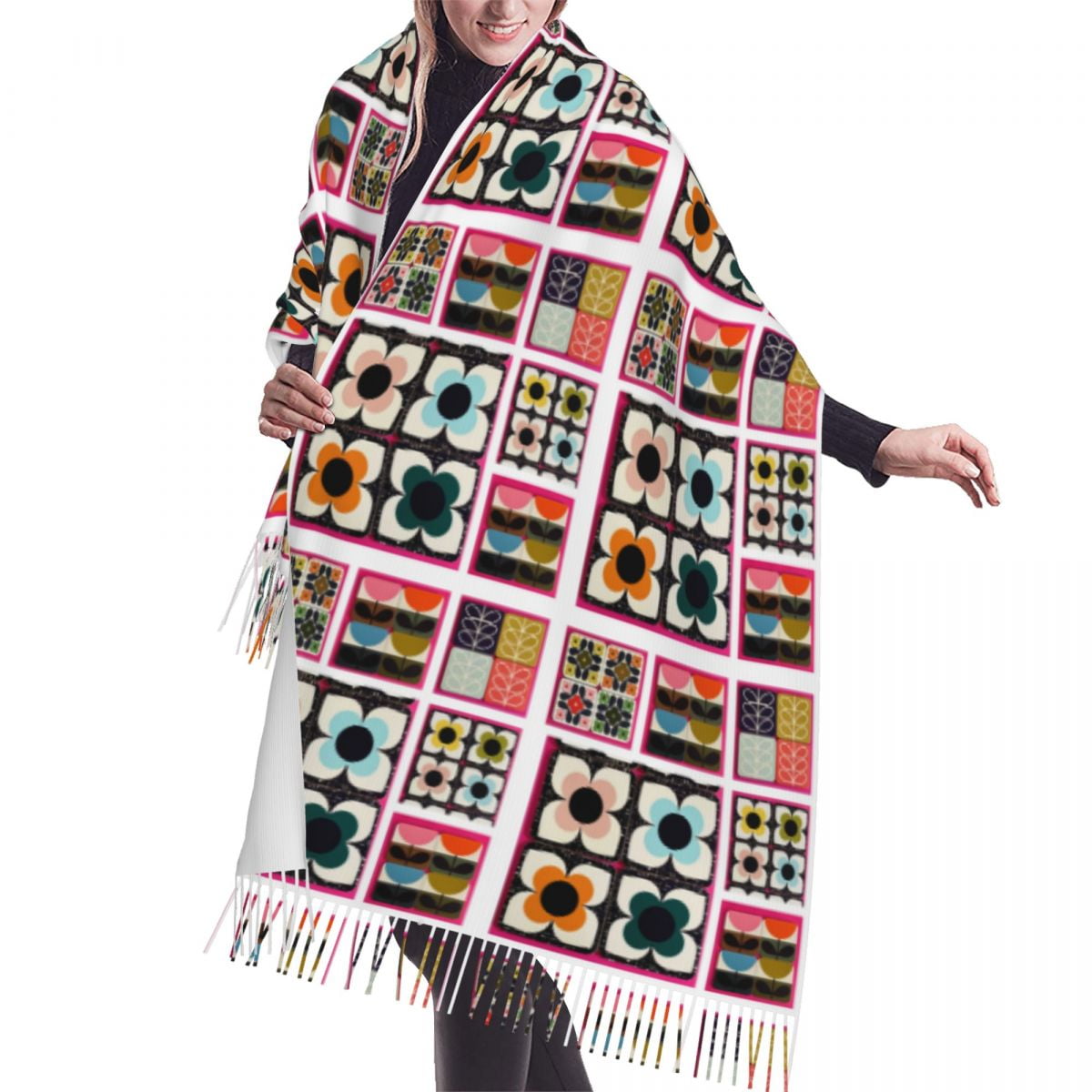 Custom Stylish Flower Pattern Tassel Scarf Women Winter Warm Shawls ...