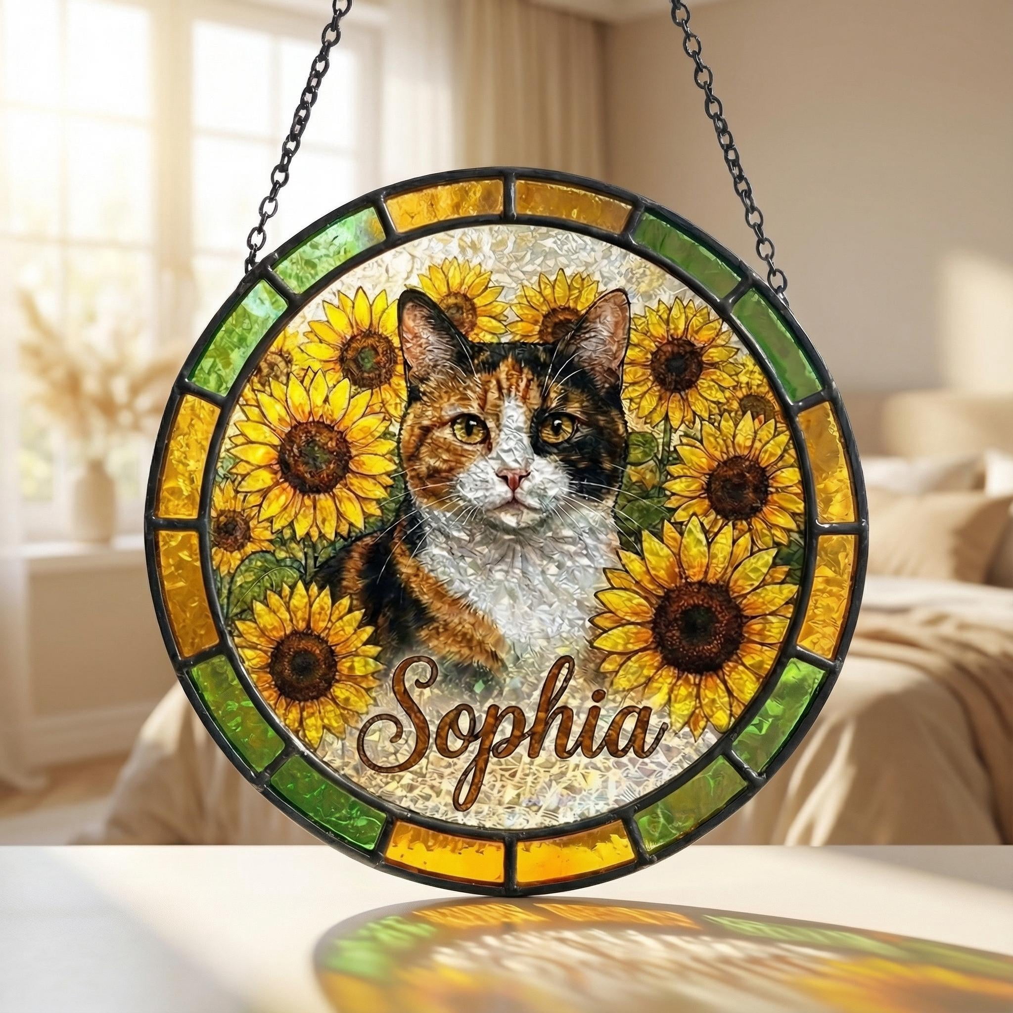 Custom Sunflower Cat Stained Glass Suncatcher Personalized Name Sign ...