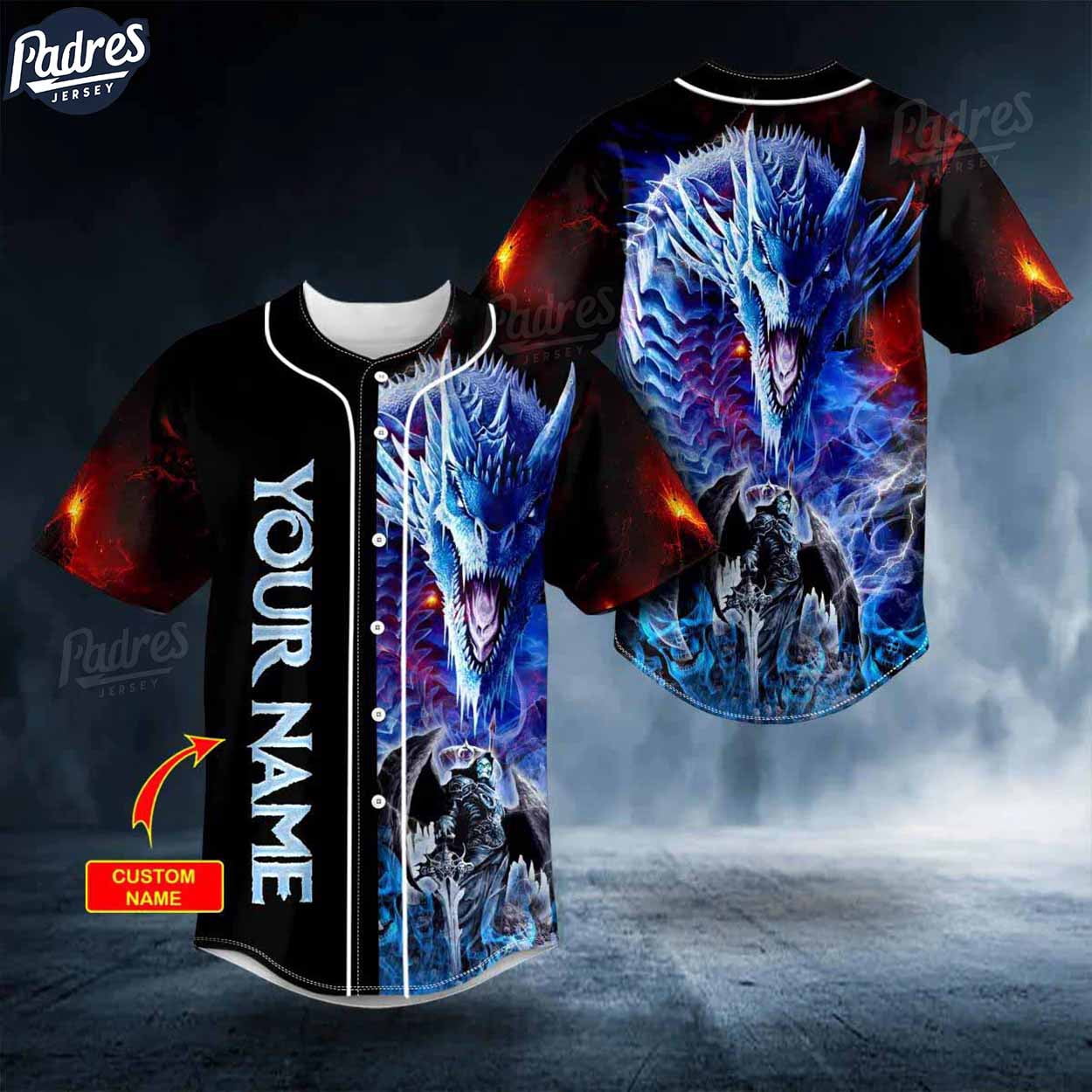 Custom Sword Grim Reaper Blue Fire Dragon Skull Baseball Jersey ...