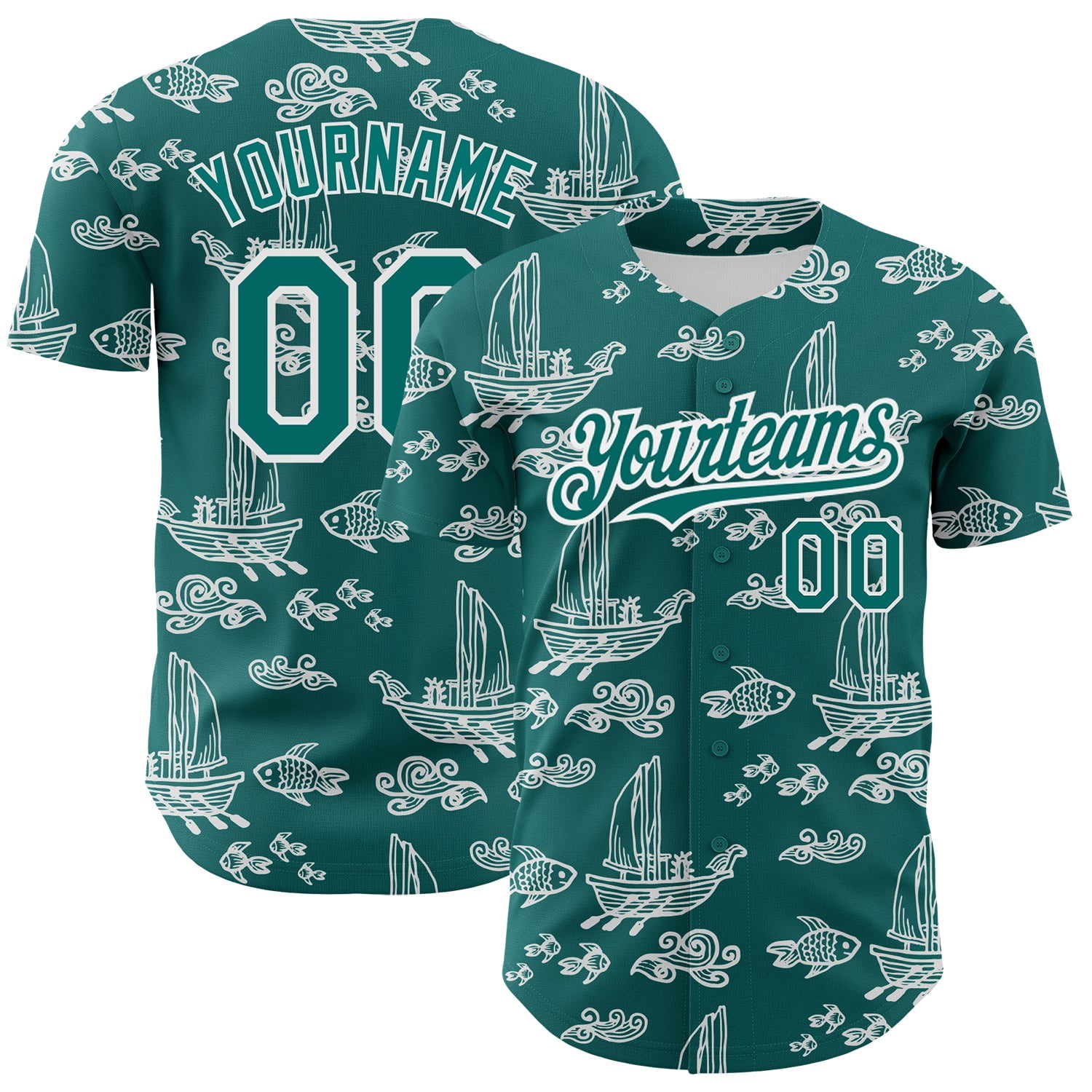 Custom Teal White 3D Pattern Design Boats And Fish Authentic Baseball ...
