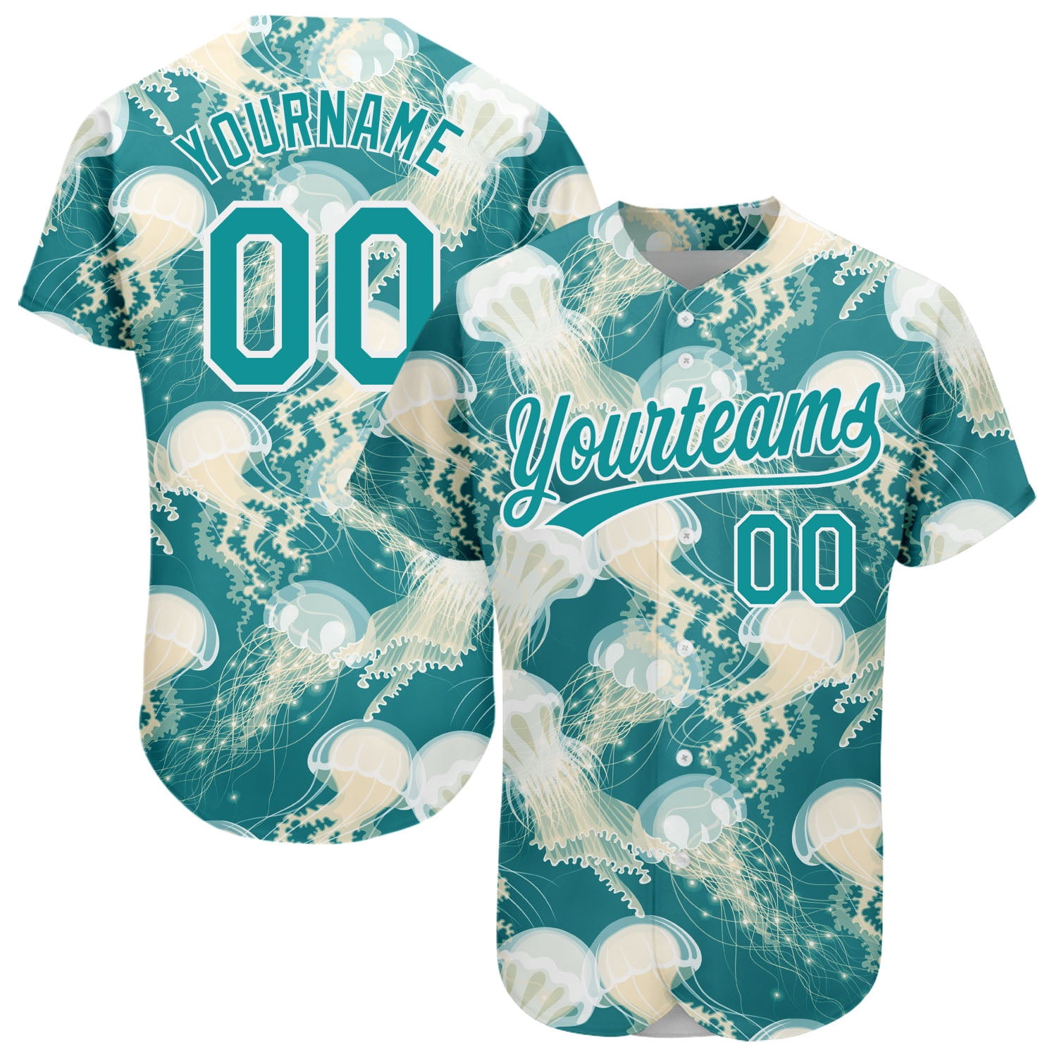 Custom Teal White 3D Pattern Design Jellyfish Authentic Baseball Jersey ...