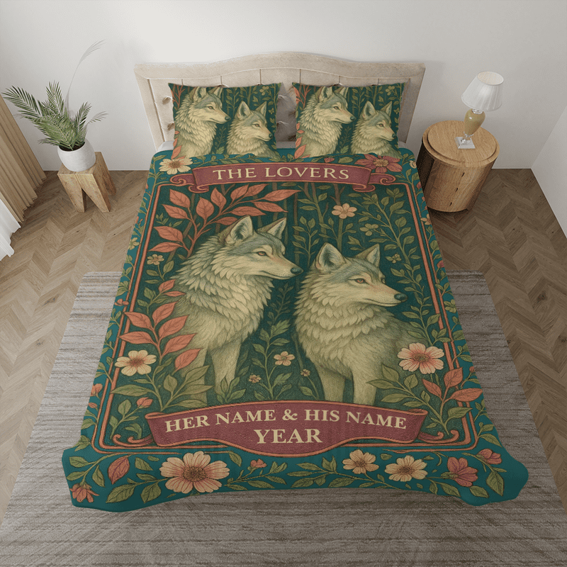Custom The Lovers Wolf Couple Bedding Set - Personalized Floral Wolves ...