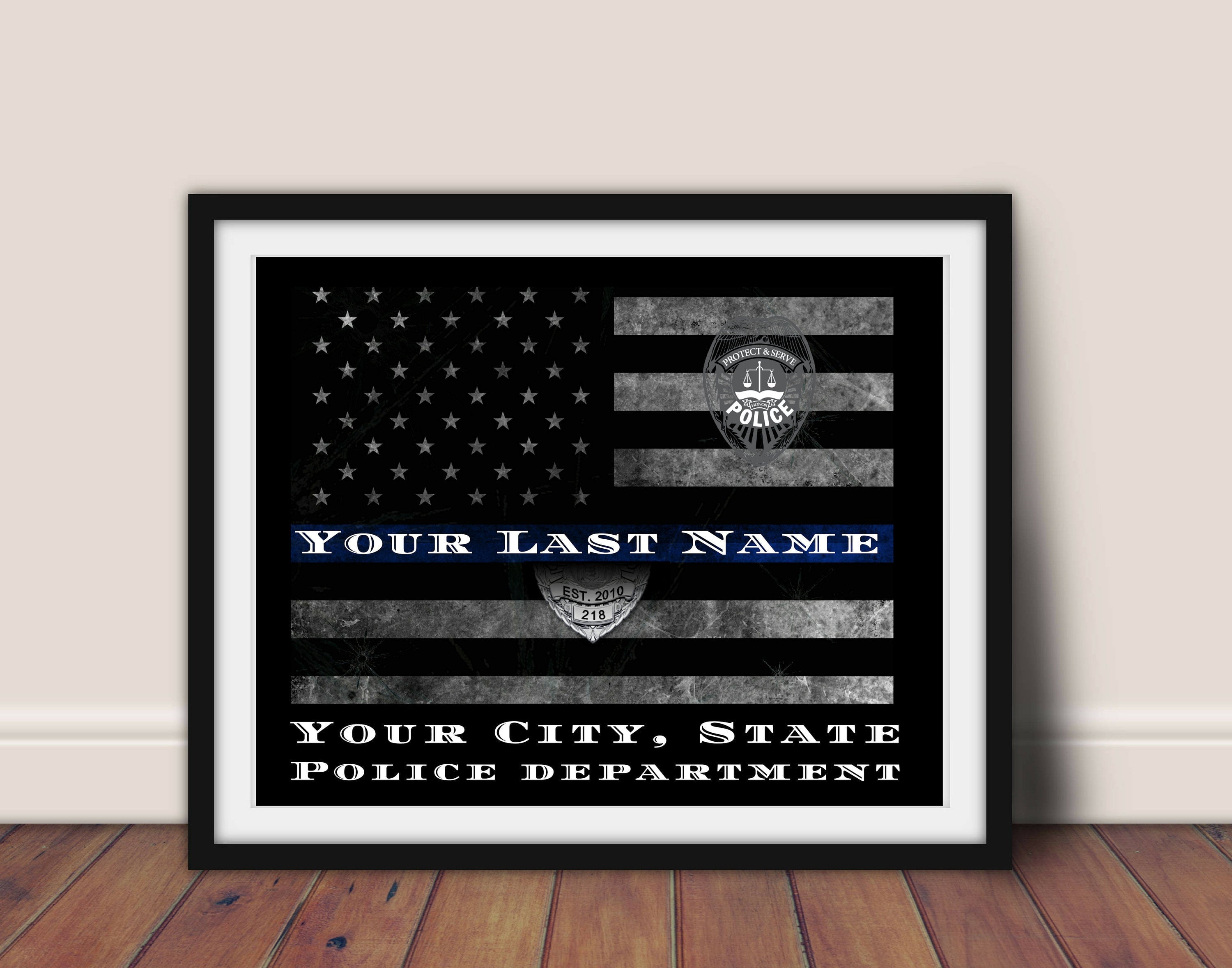 Custom Thin Blue Line Flag Frame Police Officer Art Art - Walmart.com