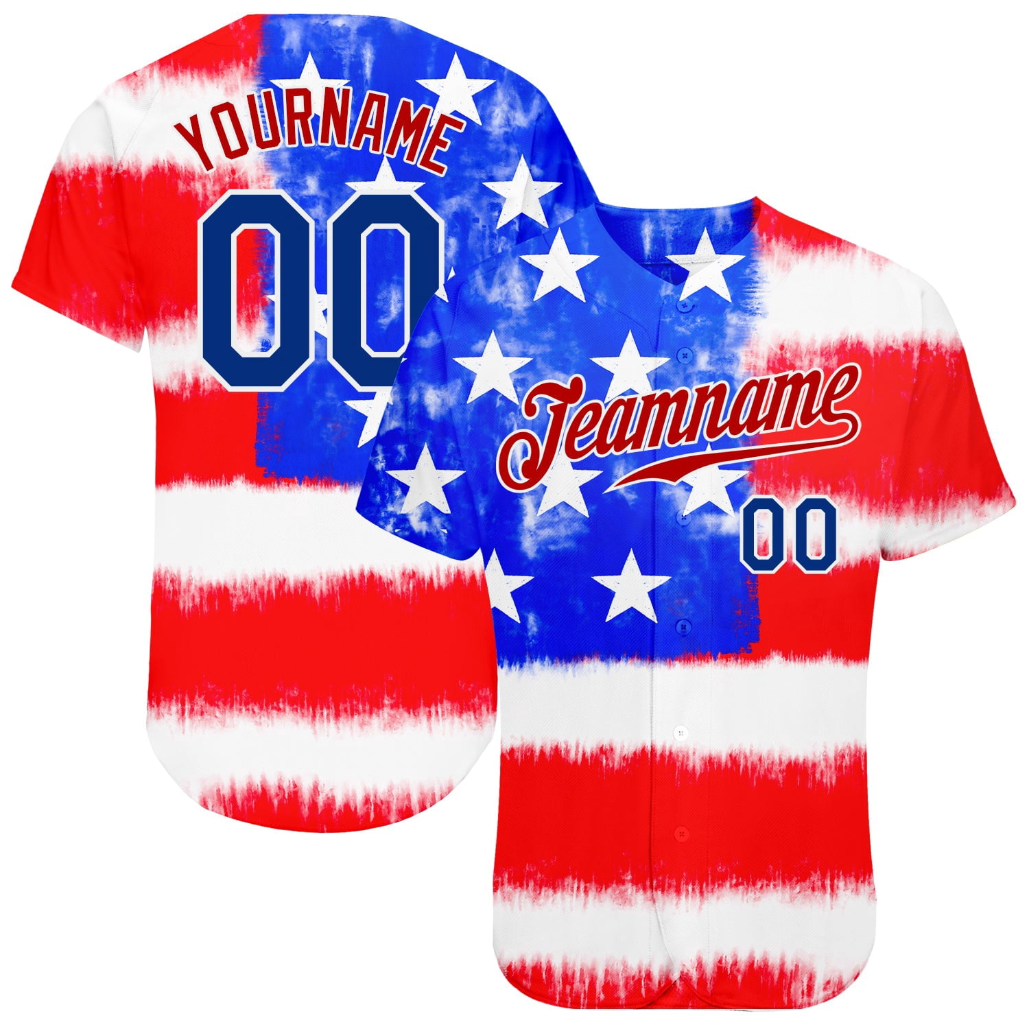 Custom Tie Dye Royal-Red 3D American Flag Authentic Baseball Jersey ...
