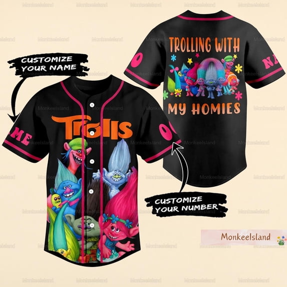 Custom Trolls Bands Together Jersey Trolls Poppy Baseball Jersey Trolls ...