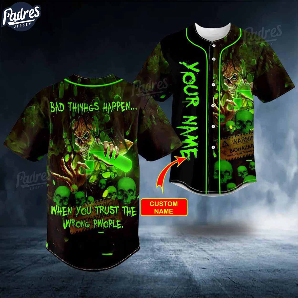 Custom Trust Wrong People Green Biohazard Monster Skull Baseball Jersey ...