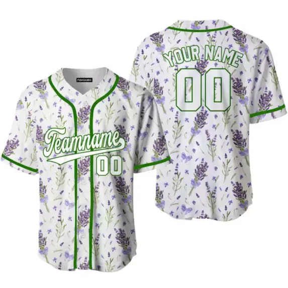 Custom Violet Lavender Pattern White Green Custom Baseball Jerseys For ...
