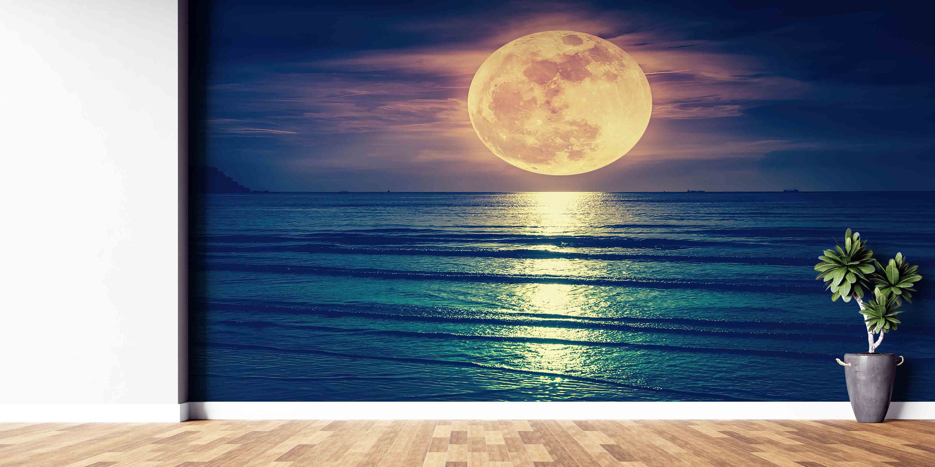 Custom Wallpaper, Beach Wall Art, Paper Wall Art Sea And Moon Wall Art ...