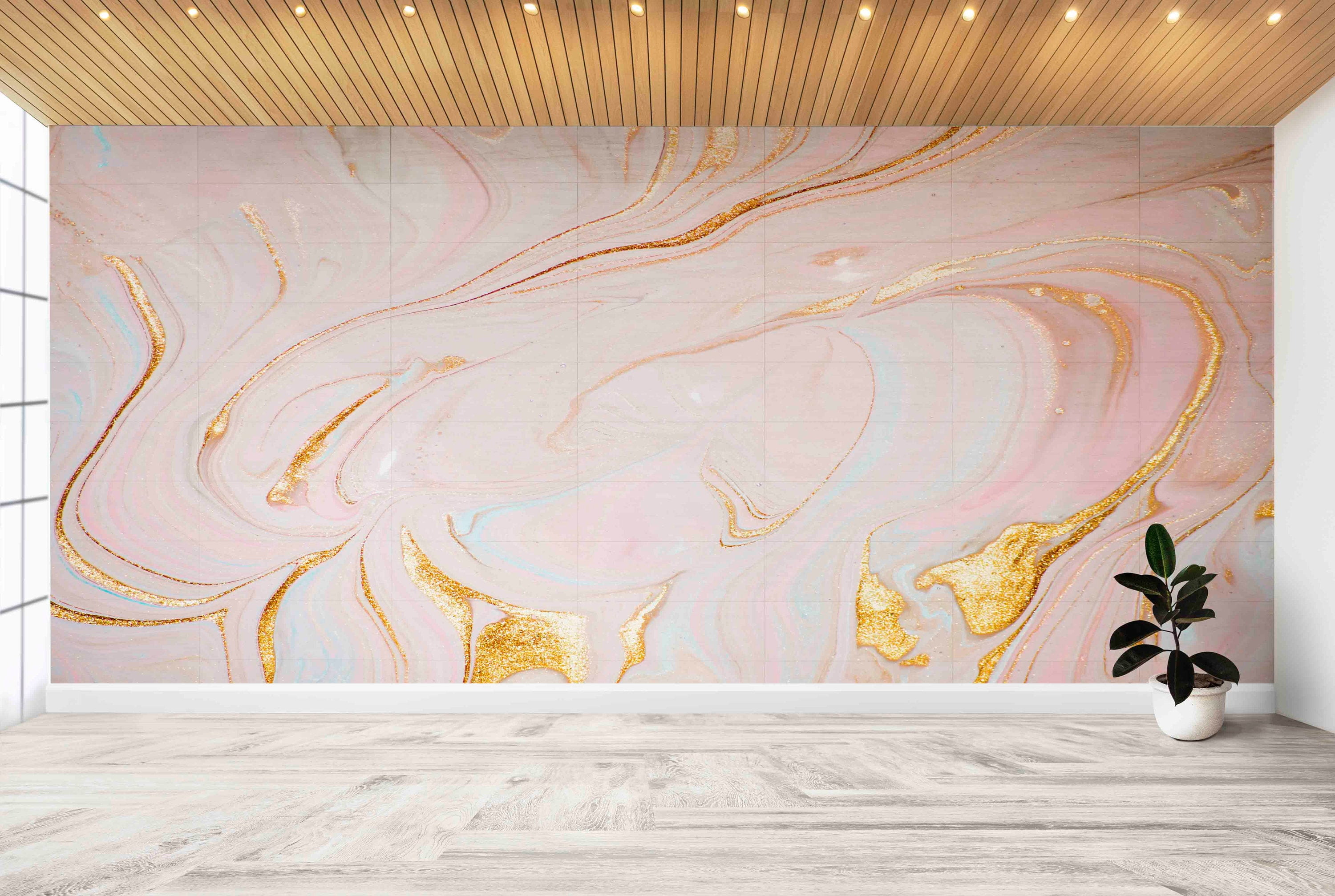 Custom Wallpaper, Bright Wallpaper, Paper Wall Art Pink And Gold Marble ...