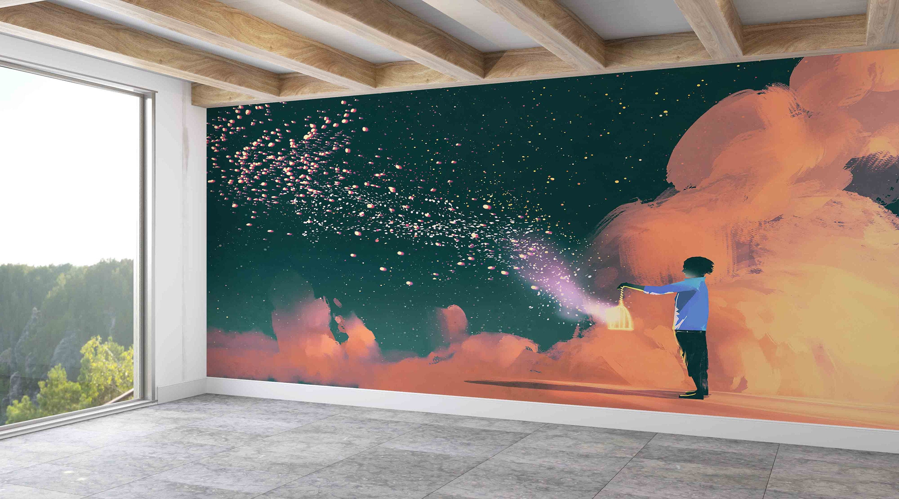 Custom Wallpaper, Bright Wallpaper, Starry Sky Wall Mural, Boy With ...