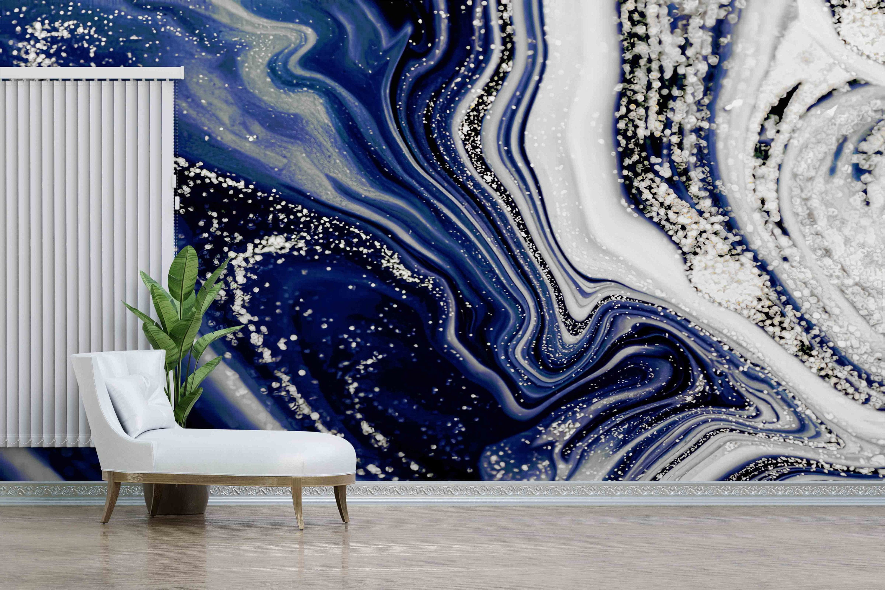 Custom Wallpaper, Modern Marble Wall Art, Navy Blue Marble Wall ...