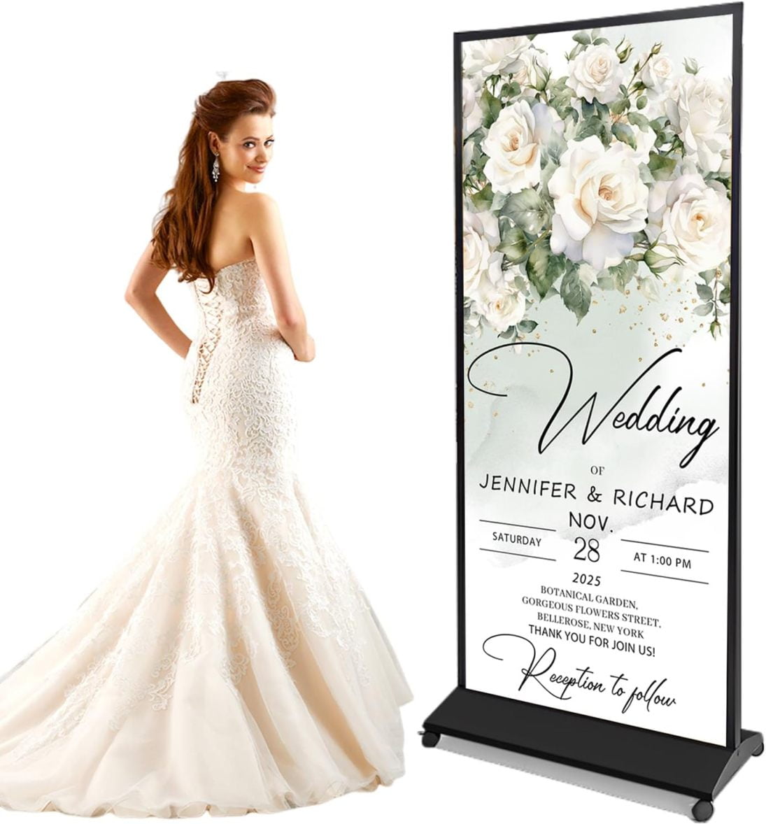Custom Wedding Welcome Sign with Stand, 23 x 62 In Personalized White ...
