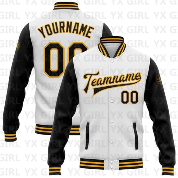 Custom White Black-Gold Bomber Full-Snap Varsity Letterman Two Tone ...