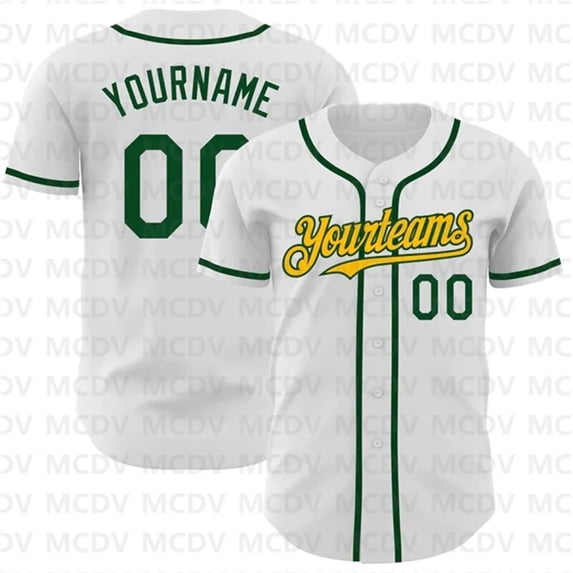 Custom White Green-Gold Baseball Jersey 3D Printed Men Women Shirt ...