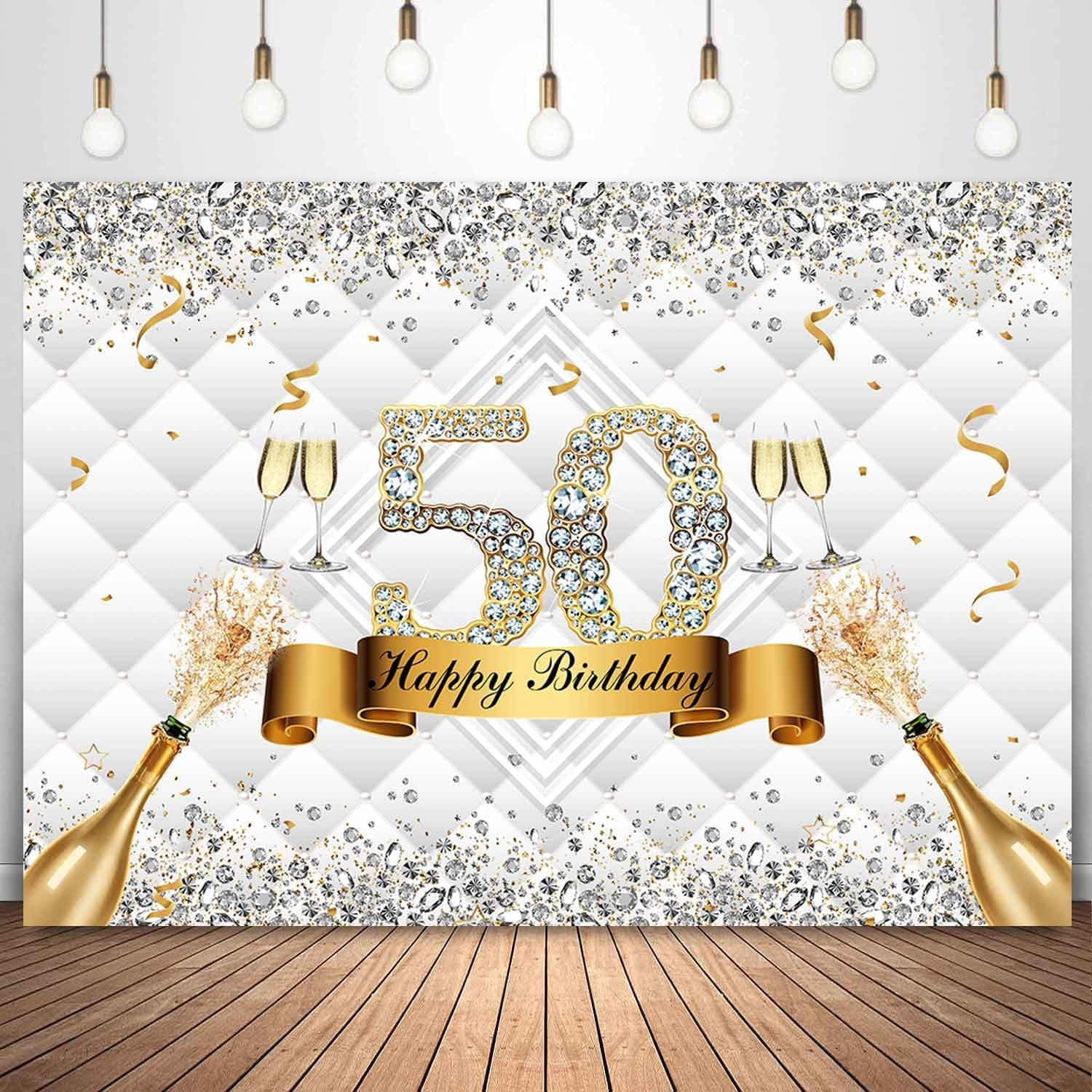 Custom White Happy 50th Birthday Backdrop Gold Silver Glitter Champagne ...