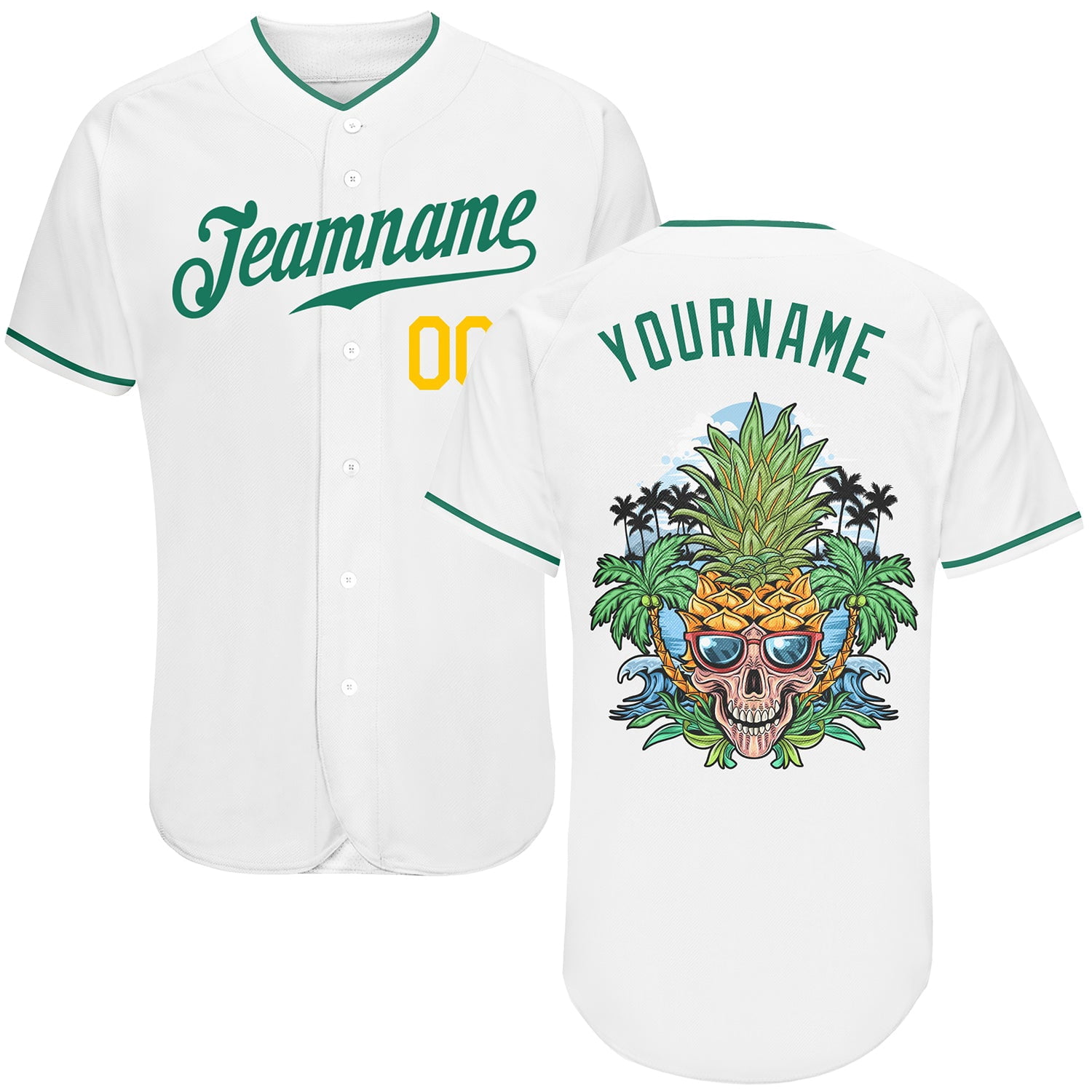 Custom White Kelly Green-Gold Authentic Skull Pineapple Head Baseball ...