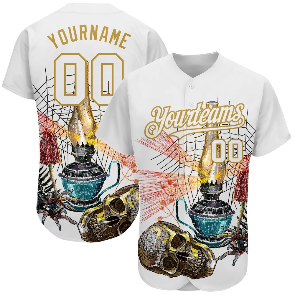 Custom White Old Gold 3D Spider And Skull Fashion Authentic Baseball ...