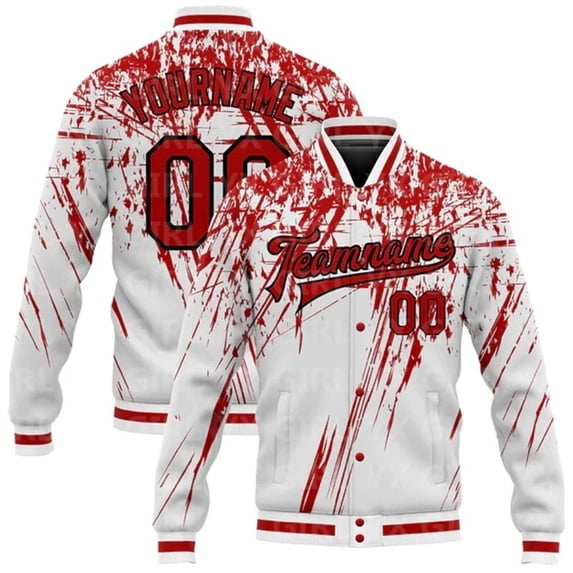 Custom White Red-Black 3D Pattern Design Bomber Full-Snap Varsity ...