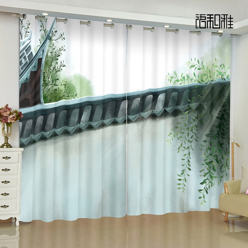 Custom Window Curtain Chinese Ancient Wall Landscape Painting Living ...