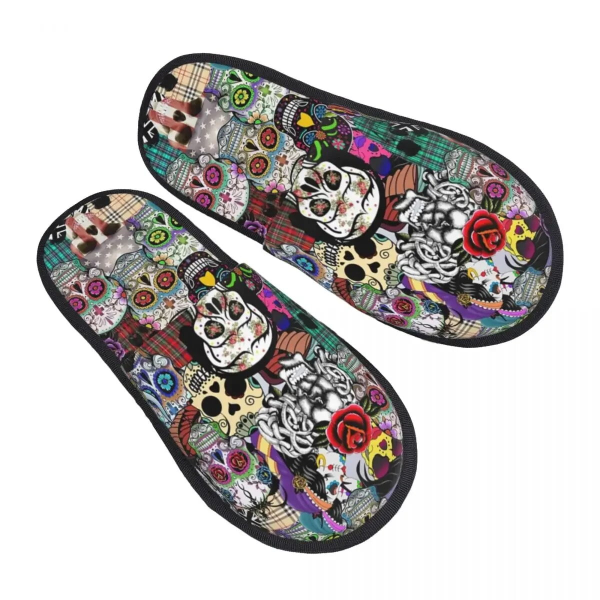 Custom Women Gothic Lace Skull House Slippers Cozy Warm Mexican Day Of ...