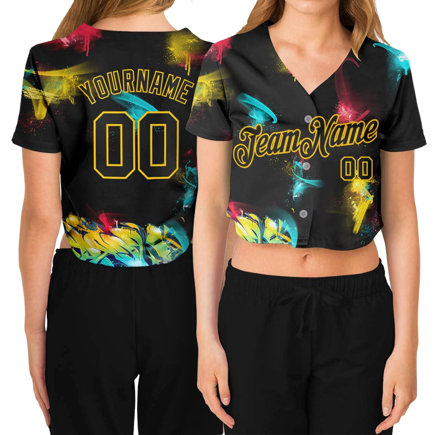 Custom Women's Graffiti Pattern Black-Gold 3D V-Neck Cropped Baseball ...
