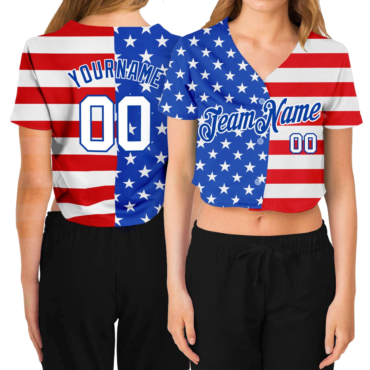 Custom Women's Royal White-Red American Flag Fashion 3D V-Neck Cropped ...
