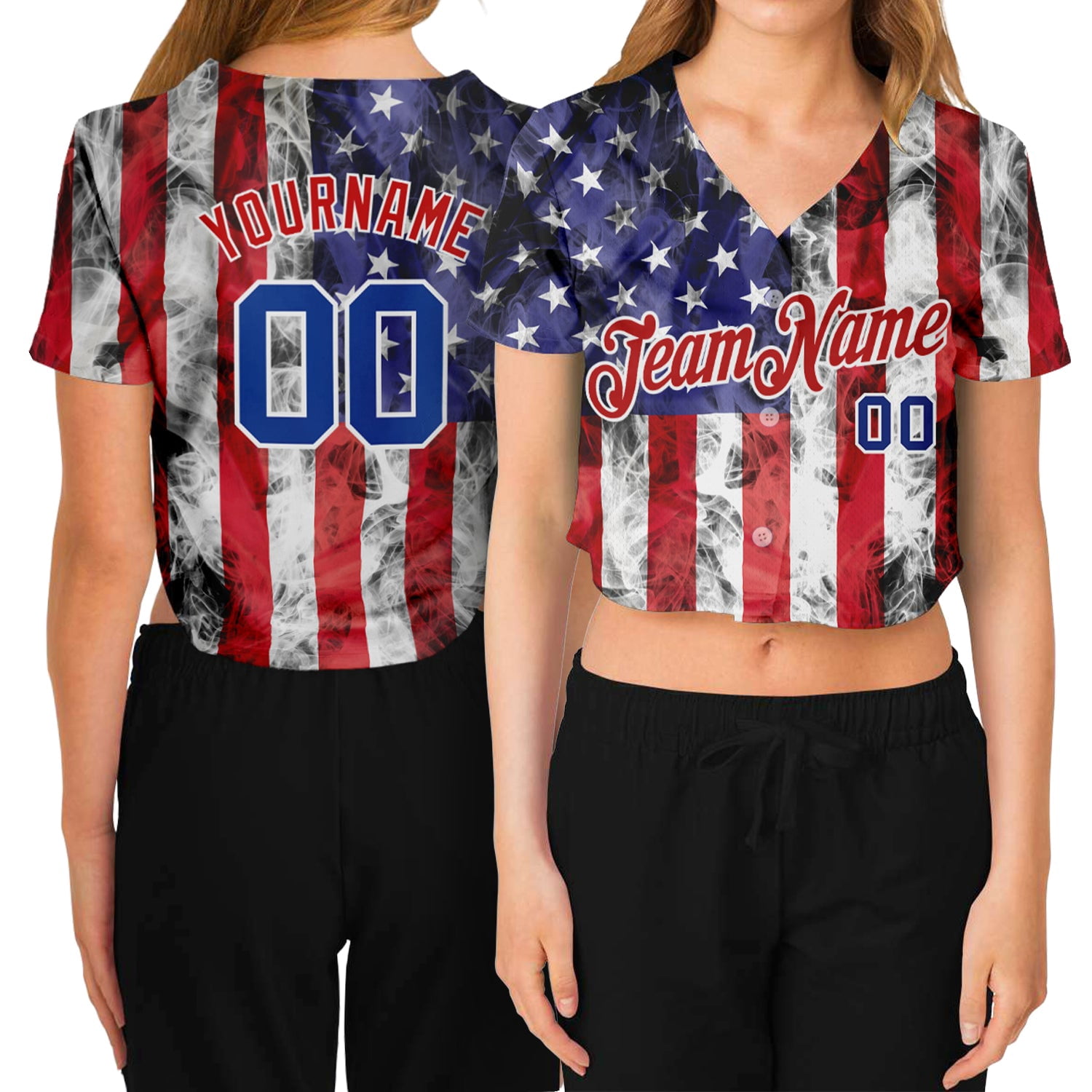 Custom Women's White Royal-Red American Flag Fashion 3D V-Neck Cropped ...