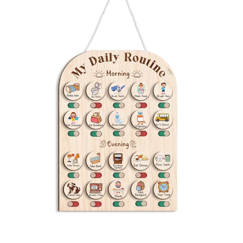 Wooden Daily Routine Chart 11x15 for Toddlers, Morning and Bedtime ...