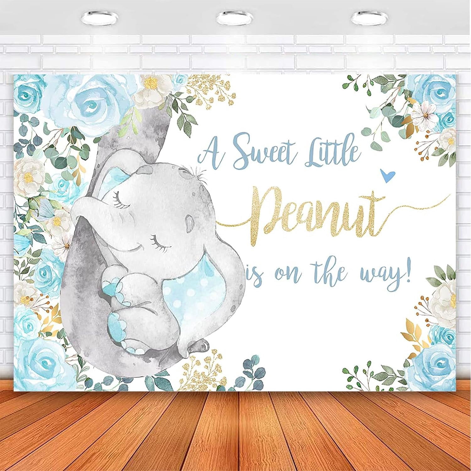 Custom elephant baby shower backdrop blue floral sweet little peanut is ...