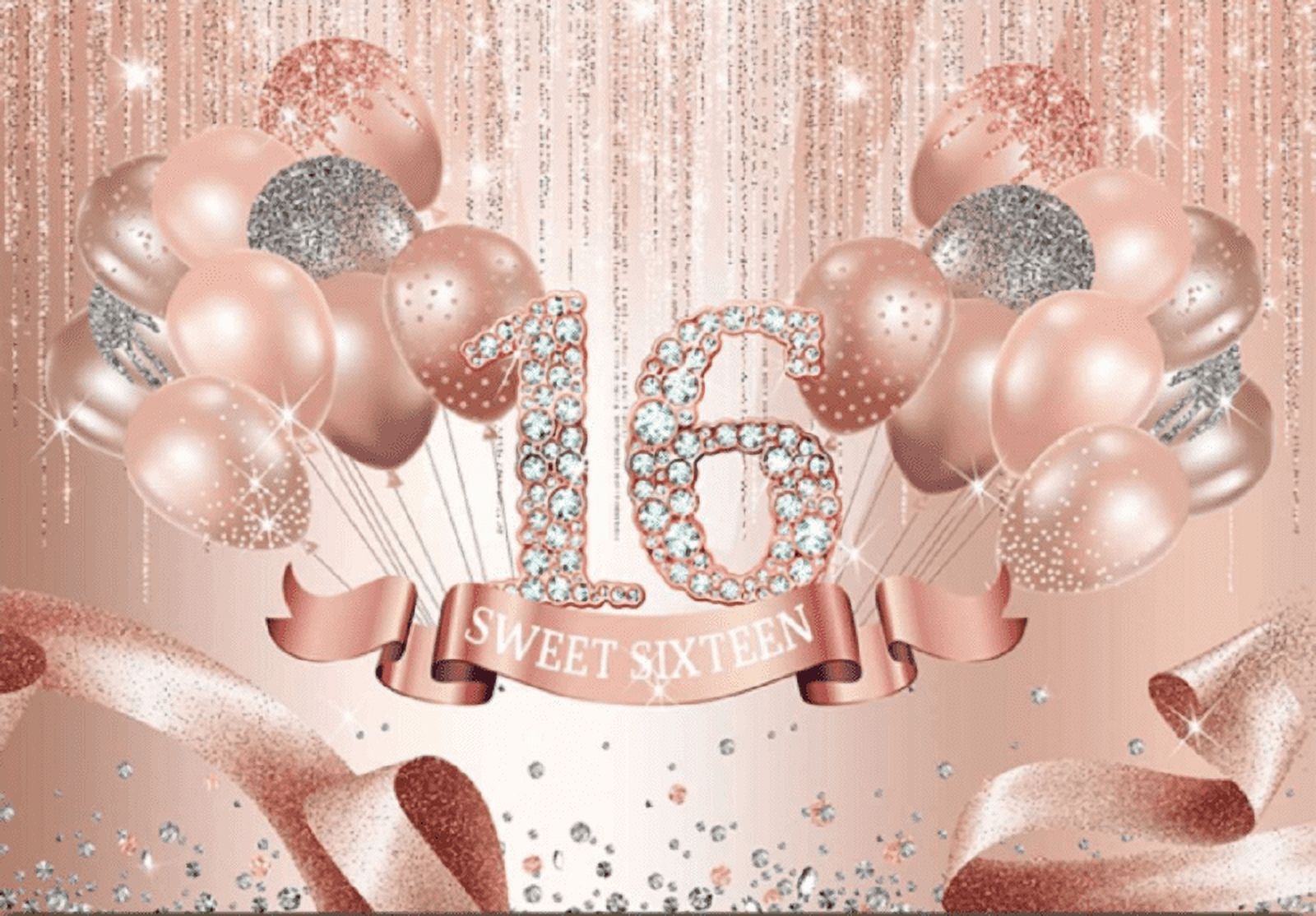 Custom rose gold Happy 16th birthday bokeh glitter silver diamonds backdrop banner - Walmart.com