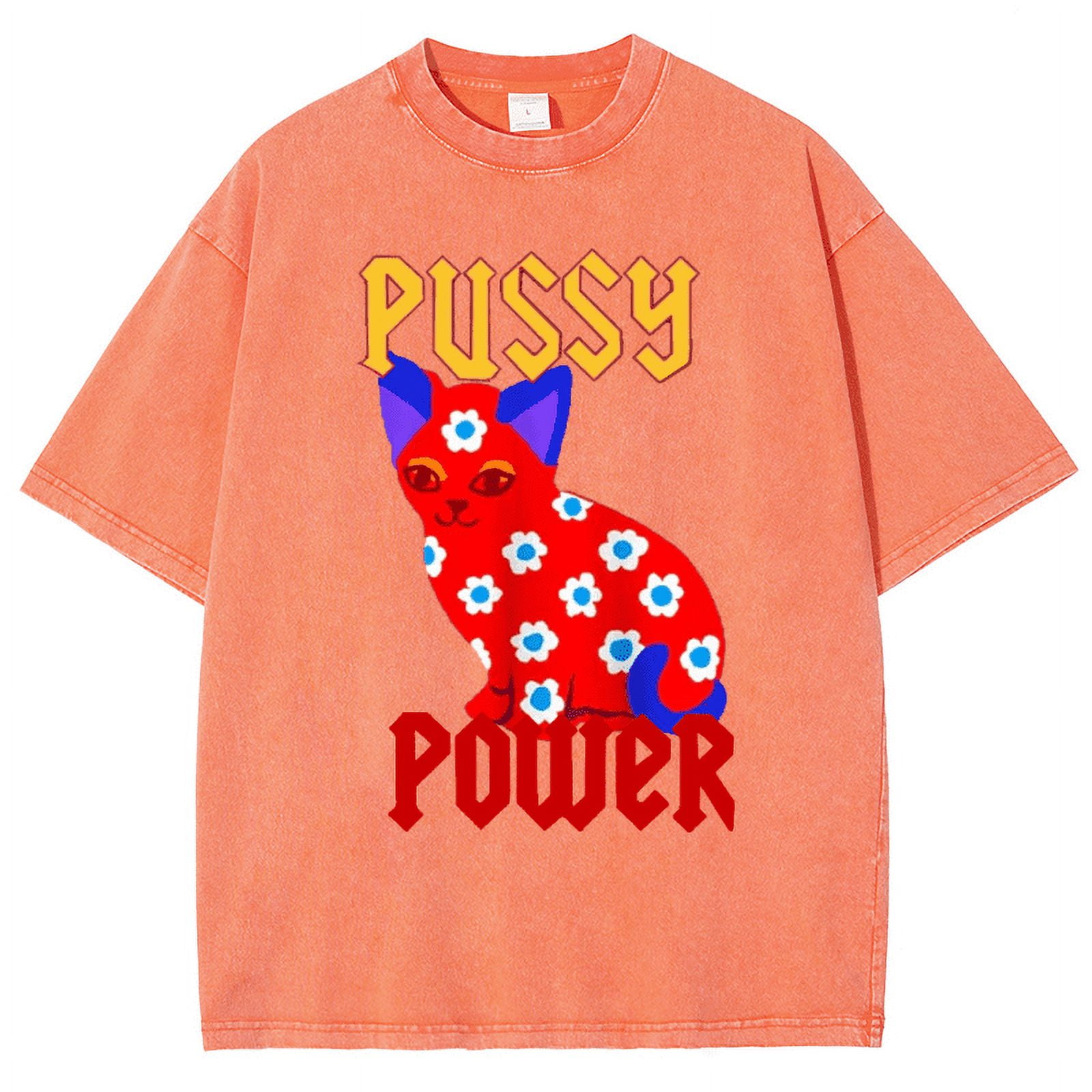 CustomMagic Pussy Power Cat Unisex Oversized Print Vintage Wash Denim Casual T-Shirt Orange ...