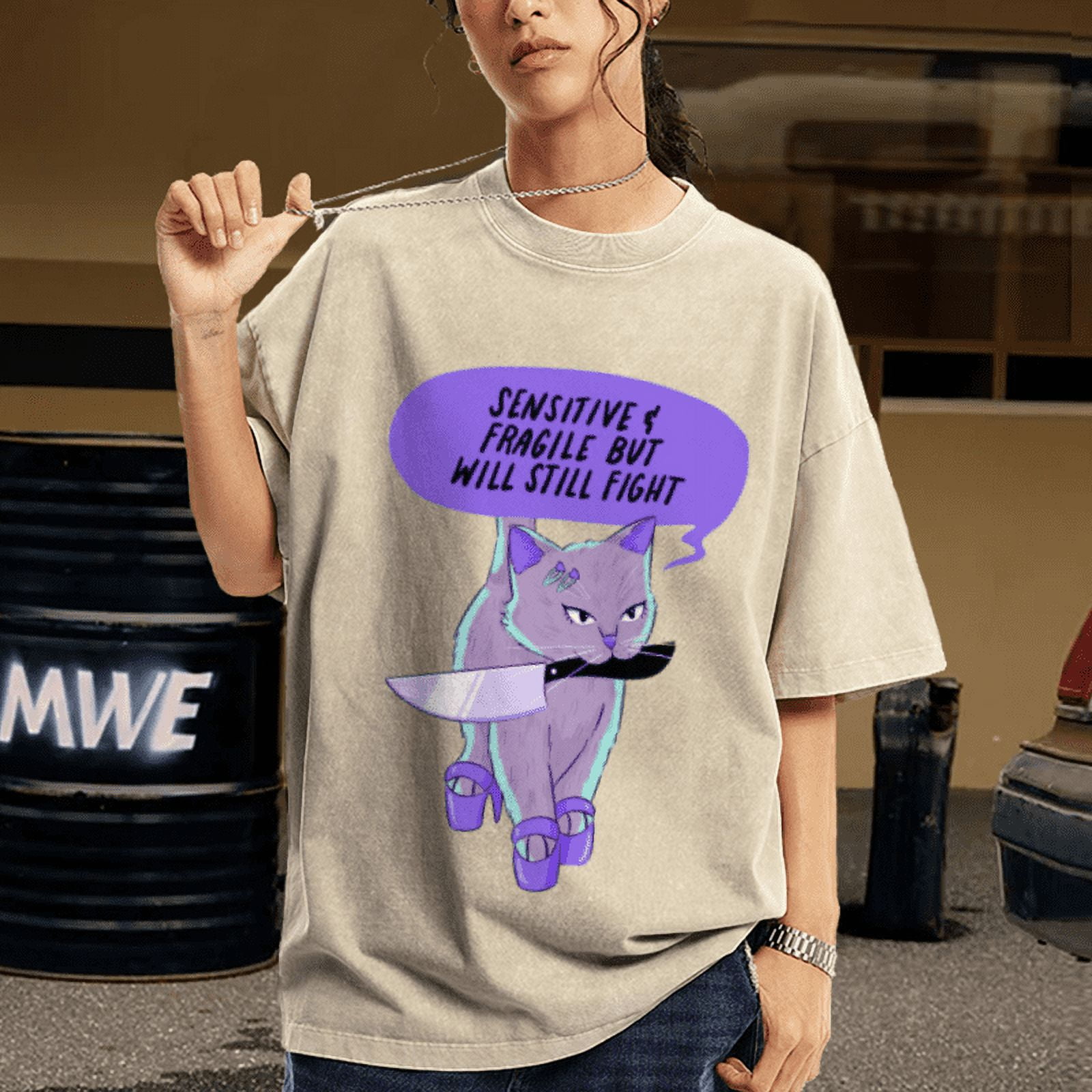 CustomMagic Sensitive Cat Unisex Wash Print T-shirt Vintage Casual ...