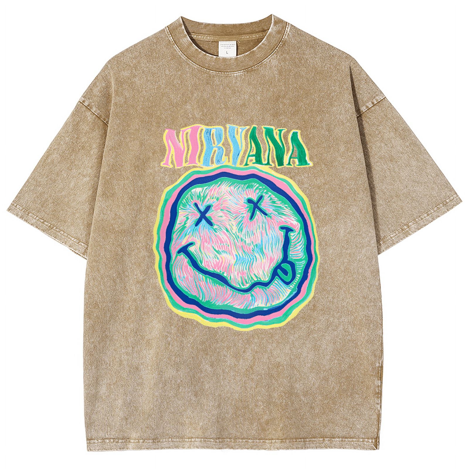 CustomMagic Unisex Smile Face Oversized Print Vintage Wash Denim Trendy Short Sleeve T-shirt ...