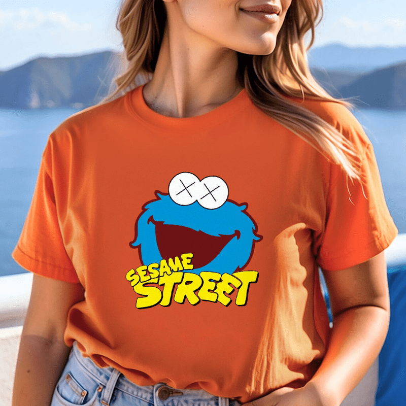 CustomMagic Women's Sesame Street Print T-shirt Solid Color Casual ...