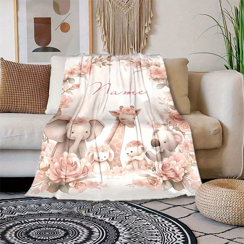 Customizable Cartoon Safari Animal Flannel Throw Blanket with Giraffe ...