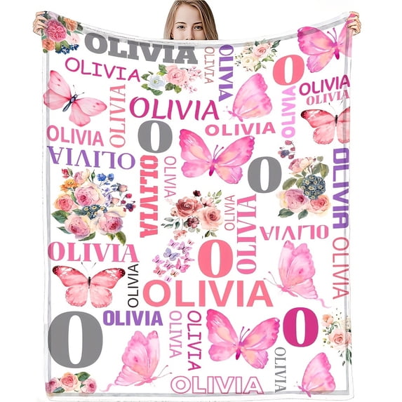 Customizable "Olivia" Pink Floral Butterfly Plush Throw Blanket - Soft ...