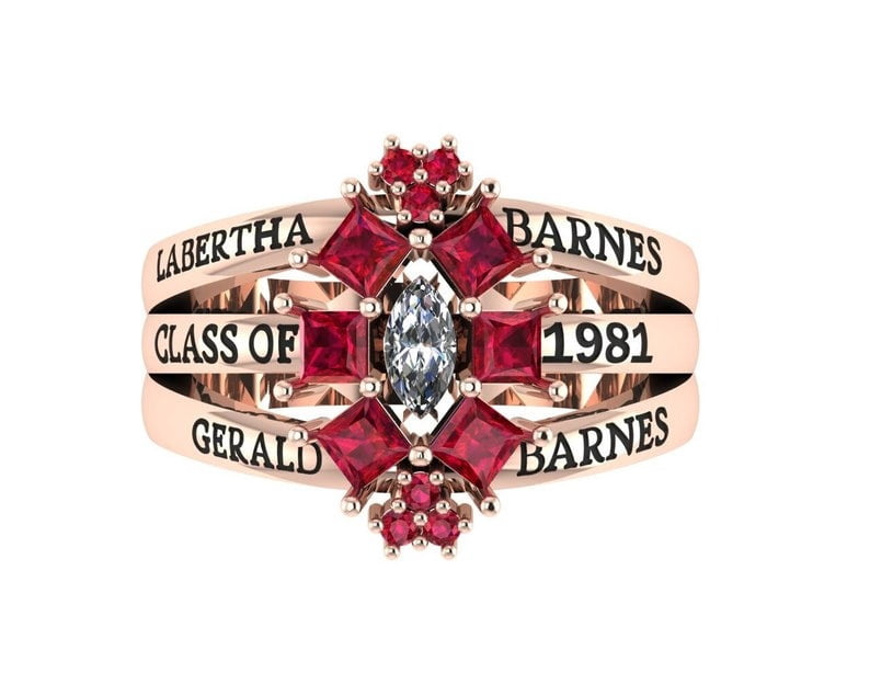 Customizable Triple Band Graduation Ring with Red Princess Cut Accents ...