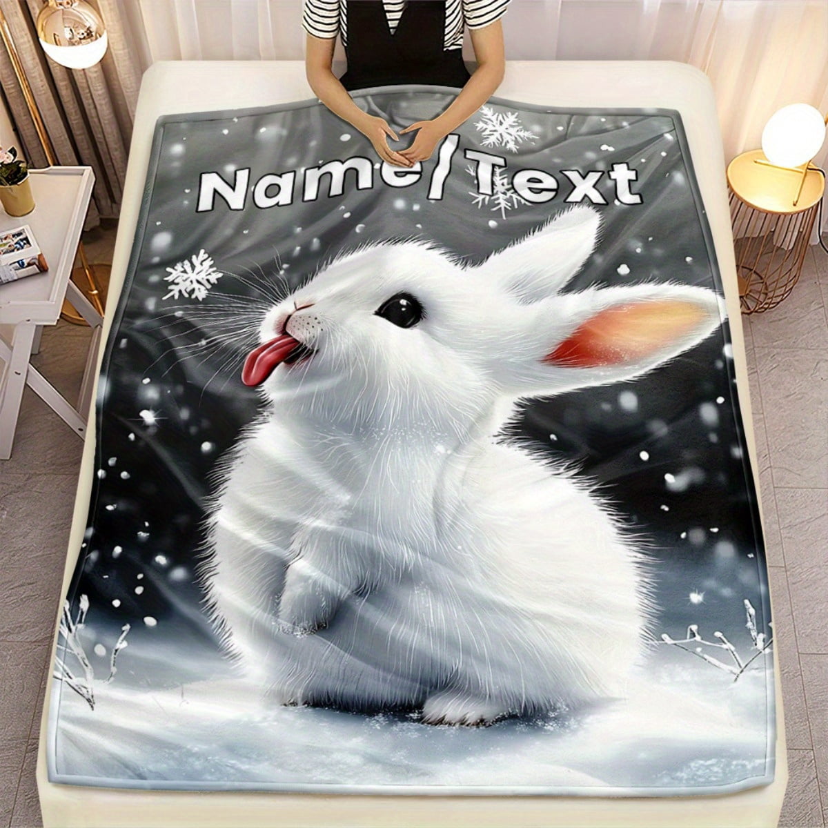 Customizable White Rabbit Snowflake Blanket - Lightweight Flannel, Soft ...