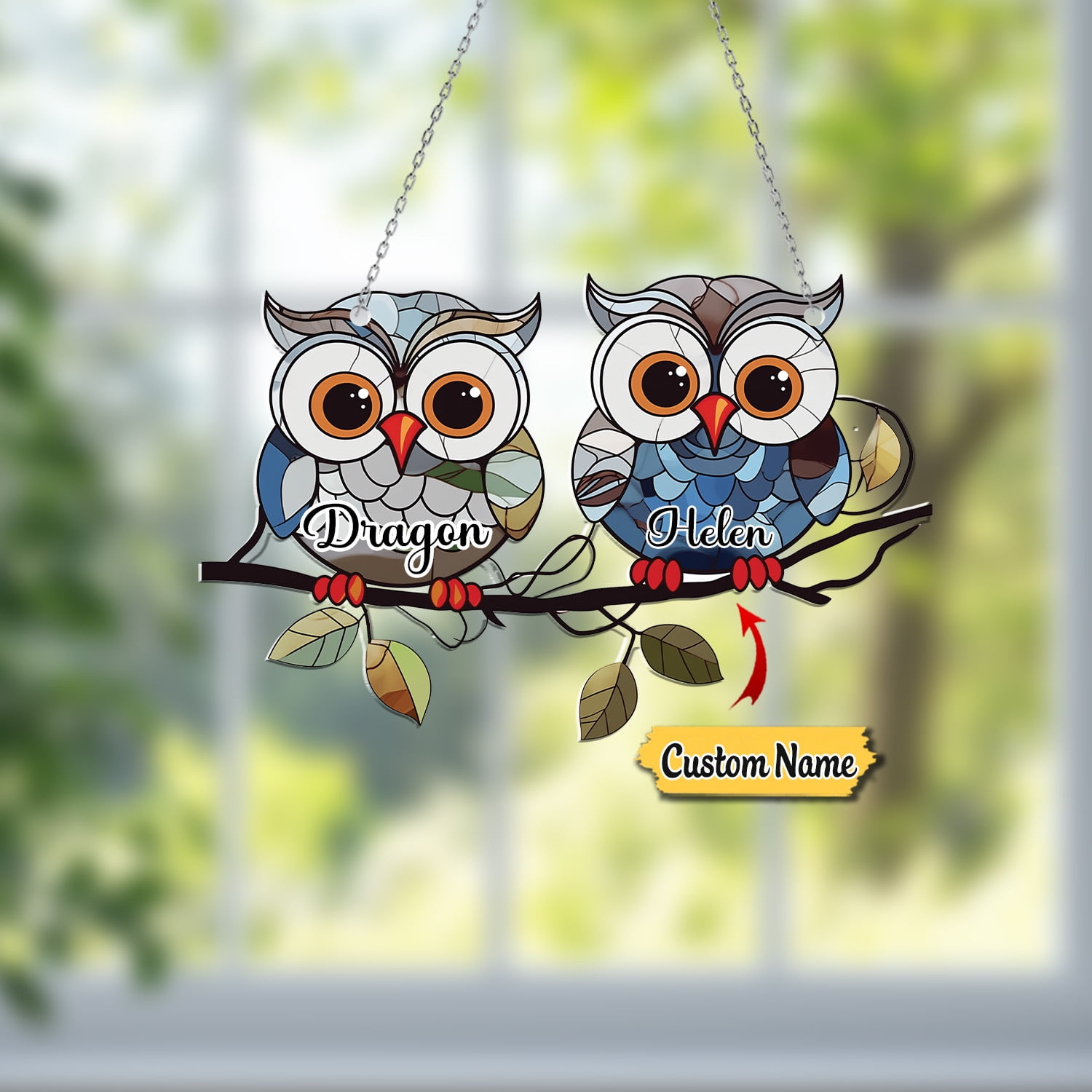 Customizable Window Hanging Acrylic 2D Owls on Branch, Stained Glass ...