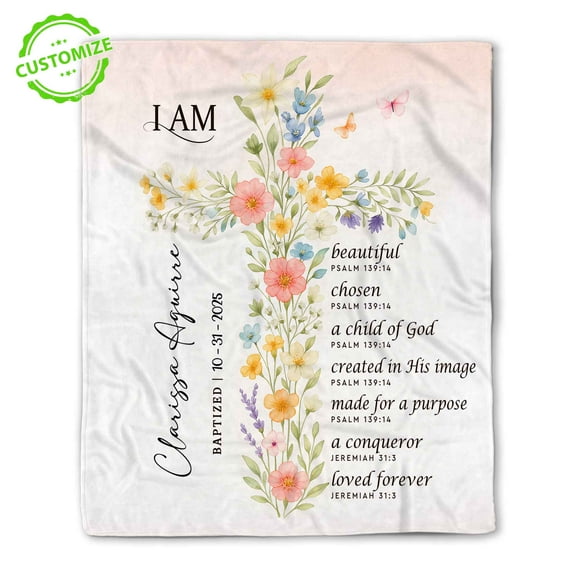 Customizaholic Personalized Baptism Blanket – Floral Cross Christian ...